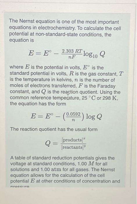 Solved The Nernst equation is one of the most important | Chegg.com