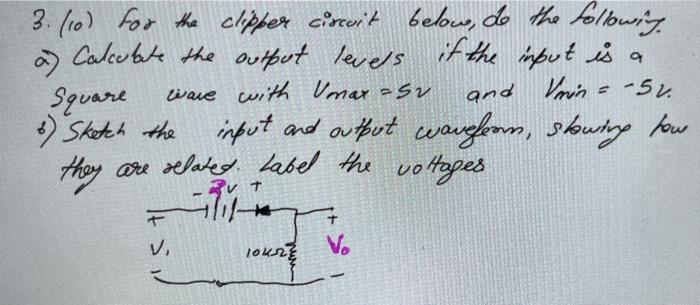 Solved 3. (10) for the clipper circuit below, do the | Chegg.com