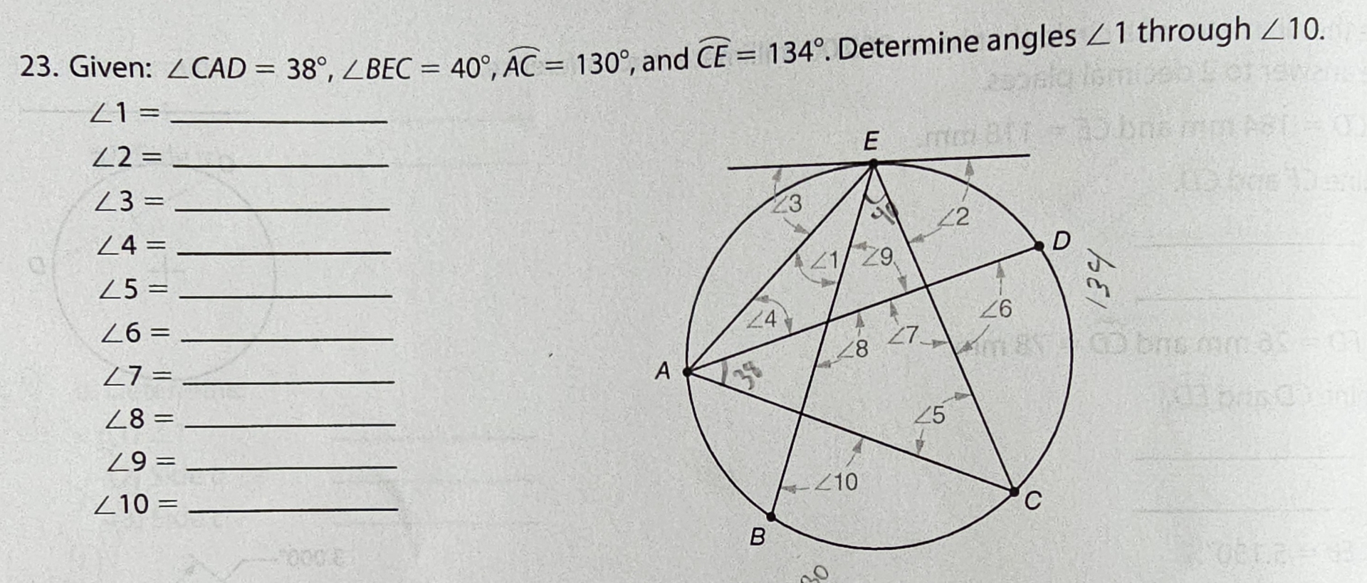 Solved by an EXPERT Steps for Given: ??CAD=38°,?BEC=40°,widehat(AC)=130°, | Chegg.com