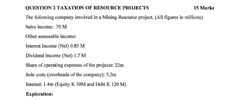Solved QUESTION 2 TAXATION OF RESOURCE PROJECTS 15 Marks The | Chegg.com