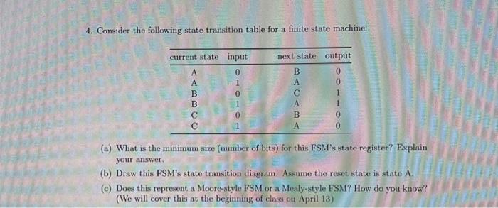 Solved 4. Consider the following state transition table for | Chegg.com