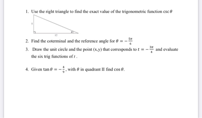 Solved 1. Use the right triangle to find the exact value of | Chegg.com