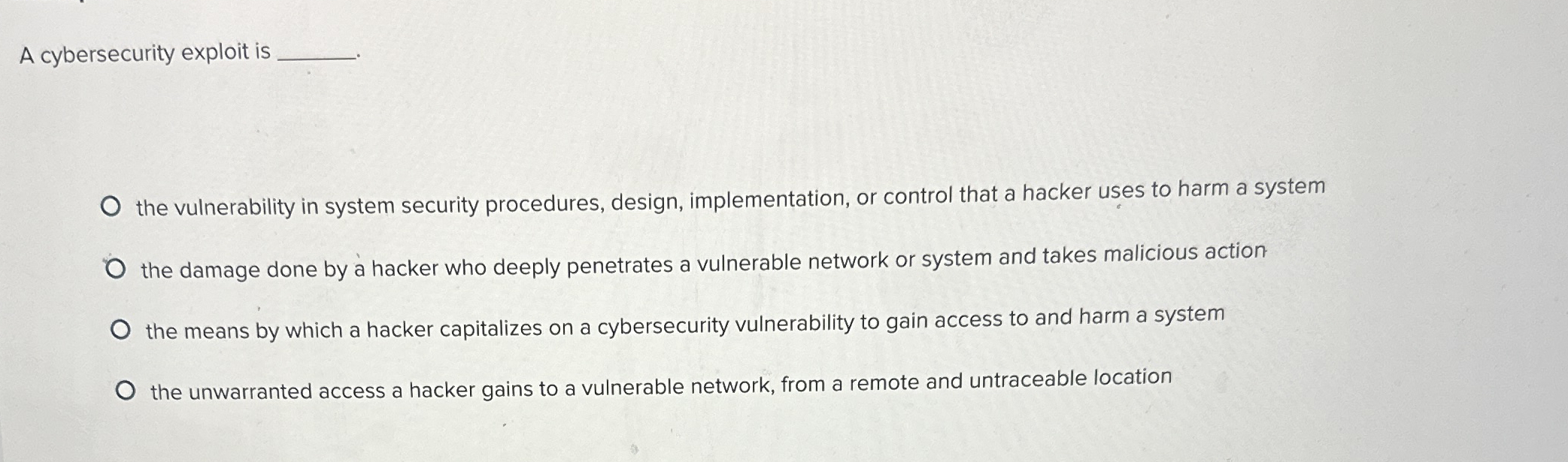 Solved A cybersecurity exploit isthe vulnerability in system | Chegg.com