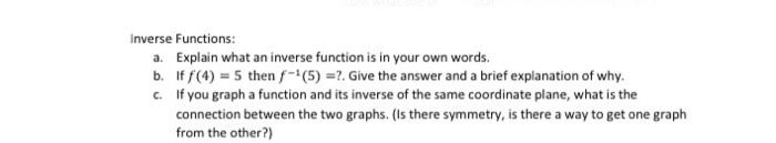 Solved Inverse Functions: a. Explain what an inverse | Chegg.com