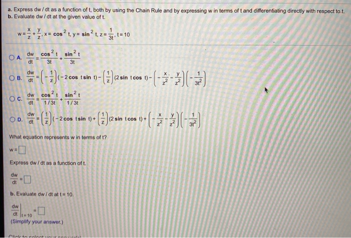 Solved a. Express dw/dt as a function of t, both by using | Chegg.com