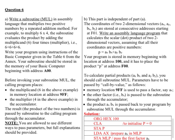 Question 6 a) Write a subroutine (MUL) in assembly b) | Chegg.com