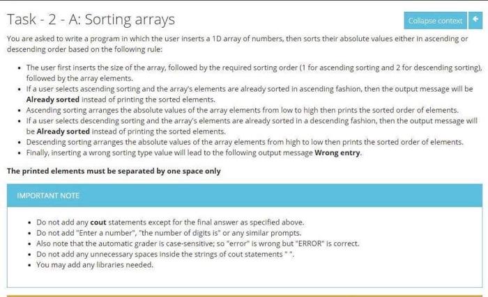 Solved . Task - 2 - A: Sorting arrays Collapse context You | Chegg.com