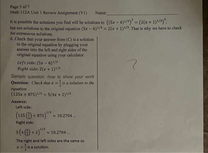 Solved Page 5 of 7 Math 112A Unit 1 Review Assignment (VI) | Chegg.com
