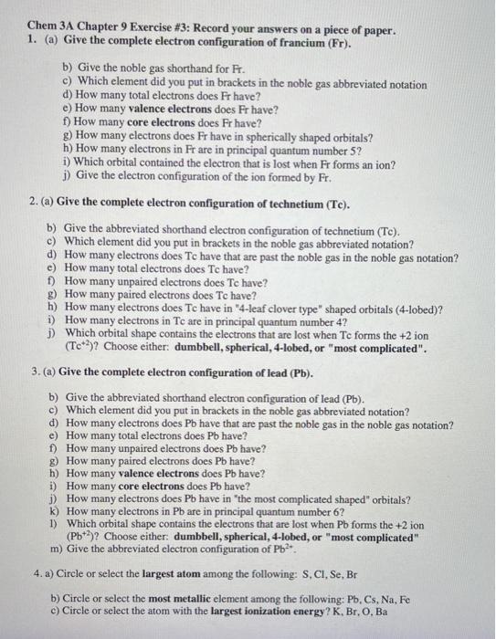 Solved Chem 3A Chapter 9 Exercise #3: Record your answers on | Chegg.com