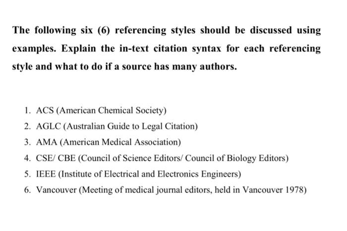 The following six (6) referencing styles should be | Chegg.com