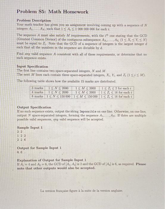Problem S5: Math Homework Problem Description Your | Chegg.com