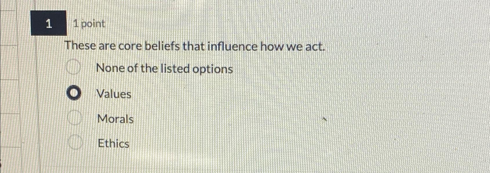 Solved 11 ﻿pointThese are core beliefs that influence how we | Chegg.com