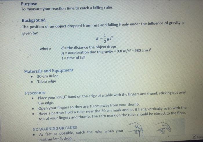 Solved Purpose To measure your reaction time to catch a | Chegg.com