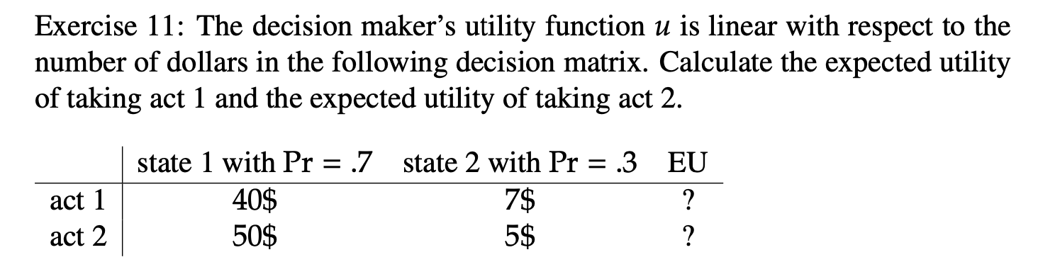 Solved Exercise 11: The decision maker's utility function u | Chegg.com
