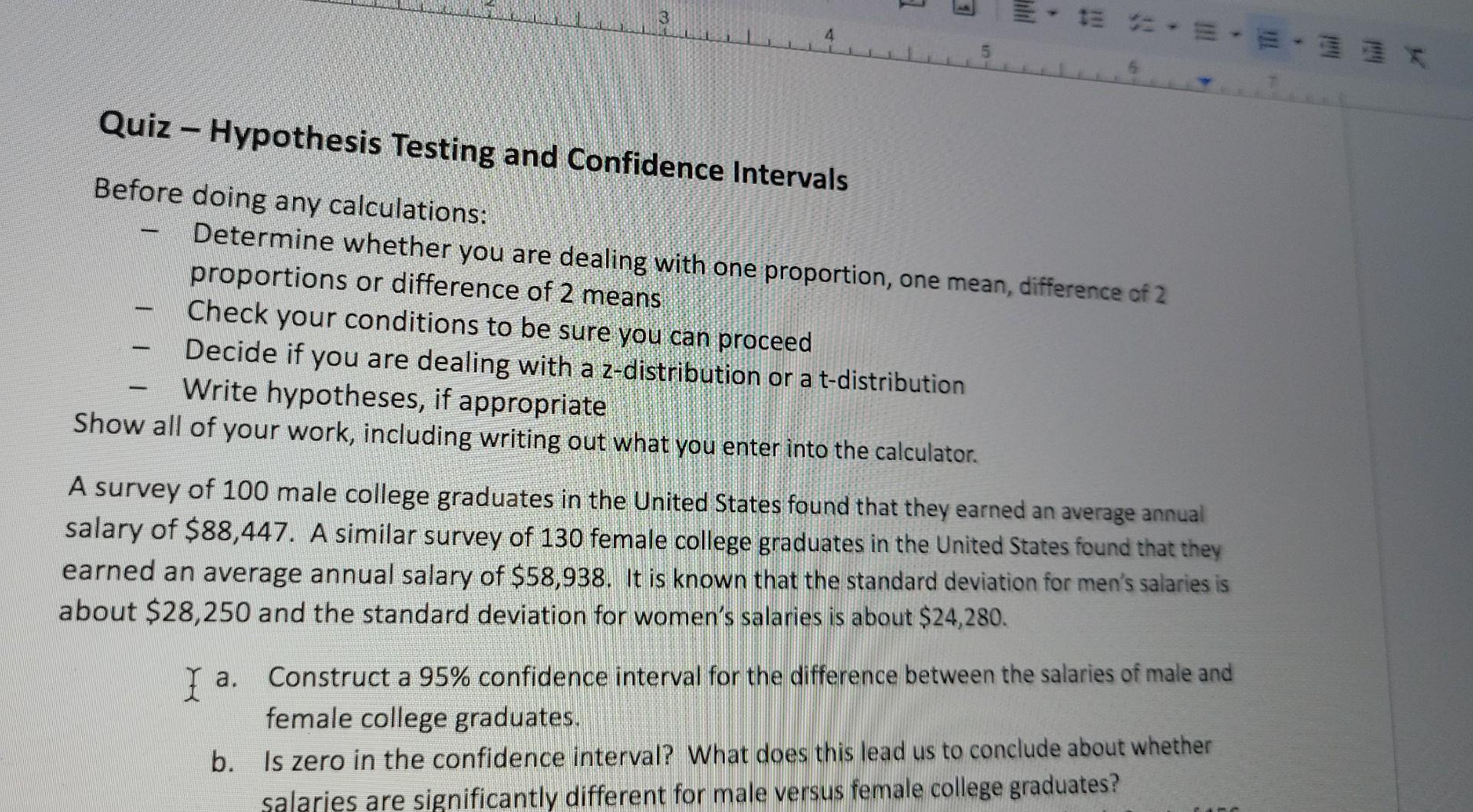 Solved Quiz - Hypothesis Testing and Confidence Intervals | Chegg.com