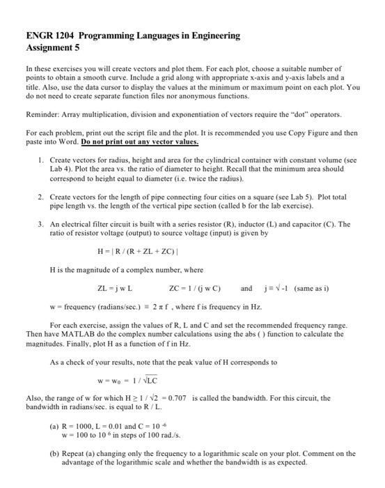 Solved Engr 1204 Programming Languages In Engineering