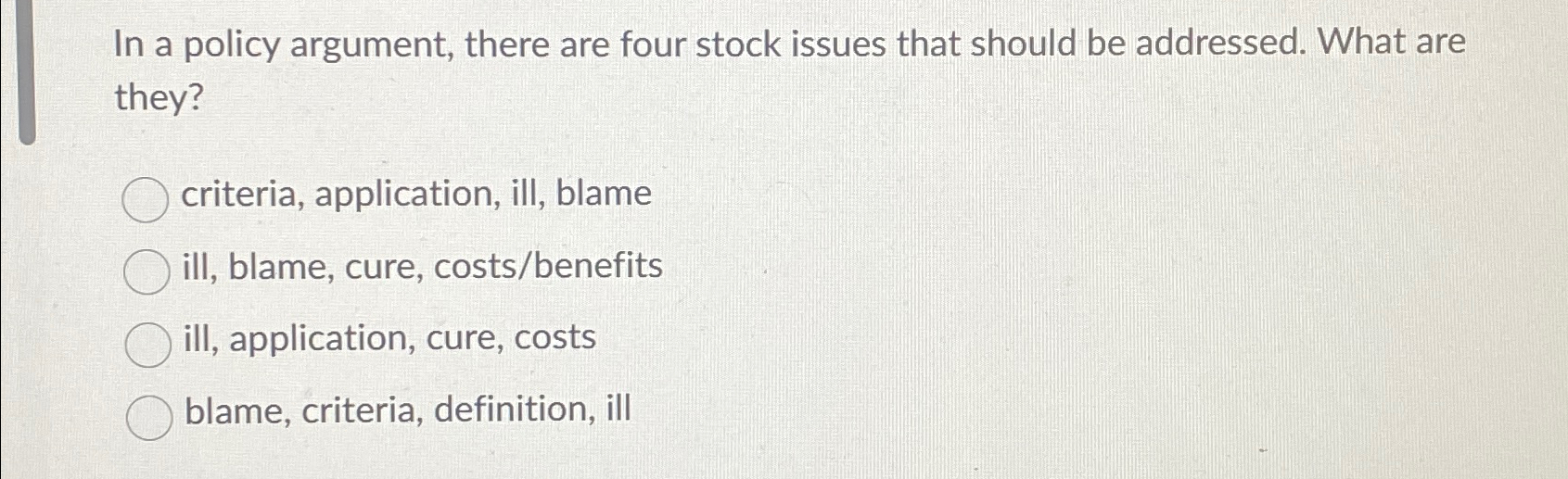 Solved In a policy argument, there are four stock issues | Chegg.com