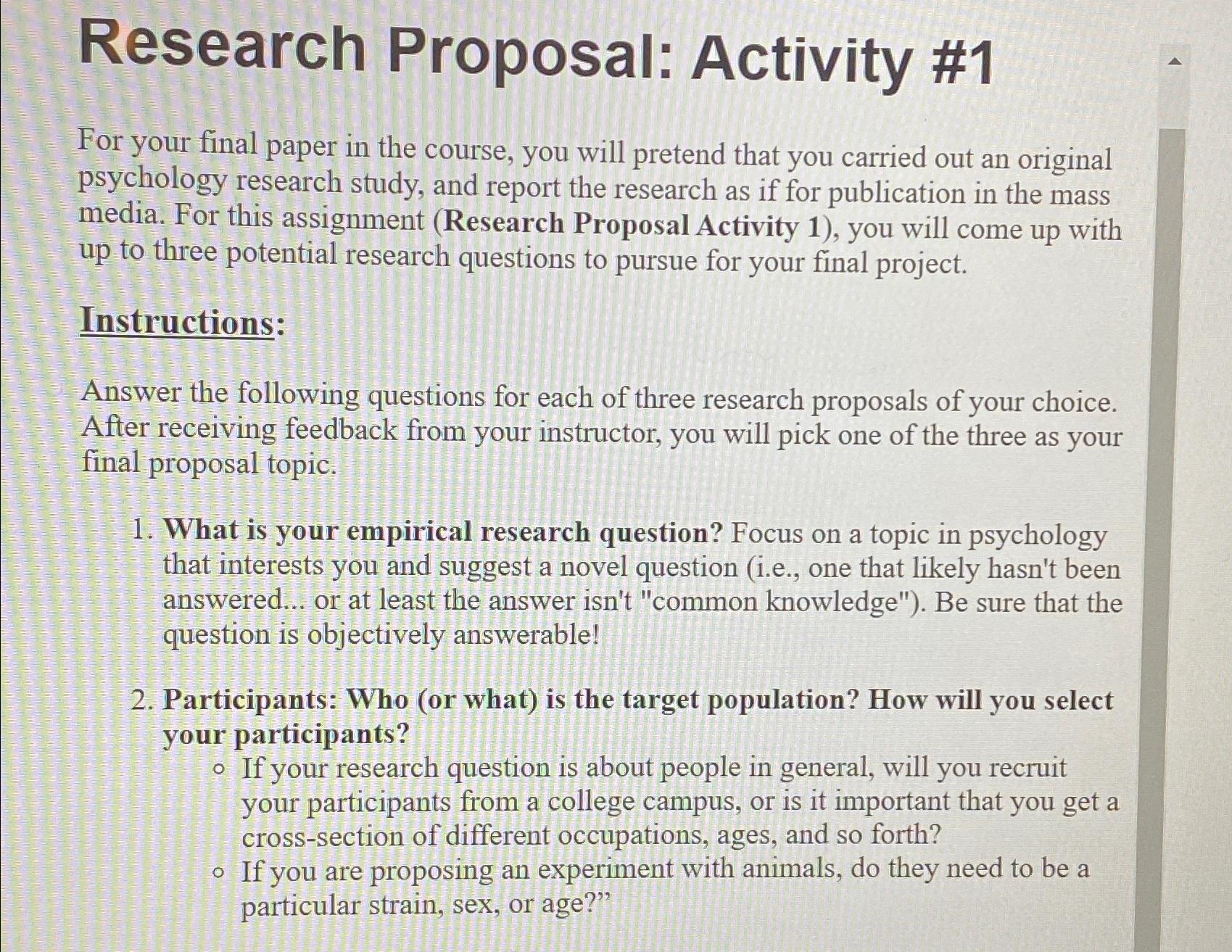 Solved Research Proposal: Activity #1For your final paper in | Chegg.com