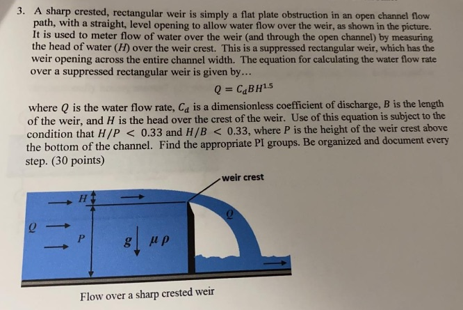 Solved 3. A sharp crested, rectangular weir is simply a flat | Chegg.com