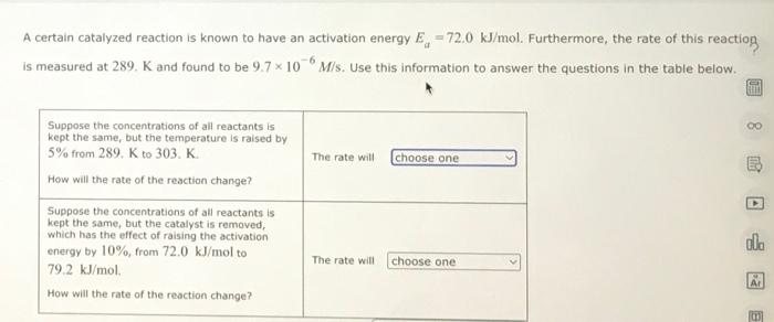 Solved A certain catalyzed reaction is known to have an | Chegg.com