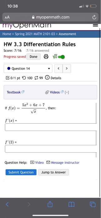 Solved 10:38 АА = myopenmath.com myOpenMath Home > Spring | Chegg.com