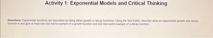 Solved Activity 1: Exponential Models and Critical Thinking | Chegg.com