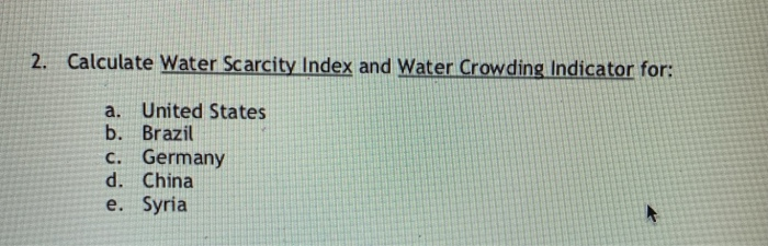 2. Calculate Water Scarcity Index and Water Crowding | Chegg.com