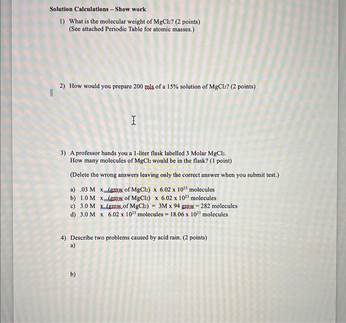 Solved 1) What is the molecular weight of MgCl2 ? ( 2 | Chegg.com