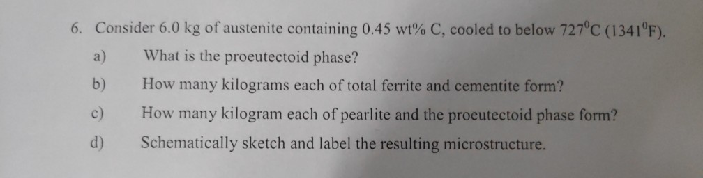 Solved 6. Consider 6.0 kg of austenite containing 0.45 wt% | Chegg.com