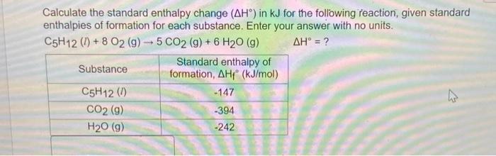Solved Calculate the standard enthalpy change (AH°) in kJ | Chegg.com