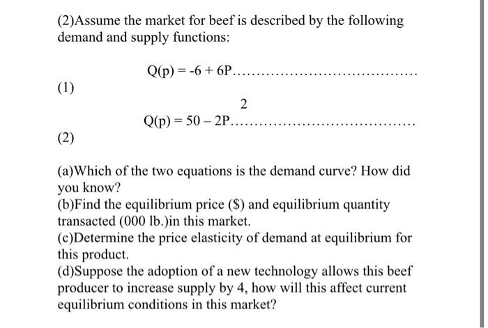Solved (2)Assume the market for beef is described by the | Chegg.com