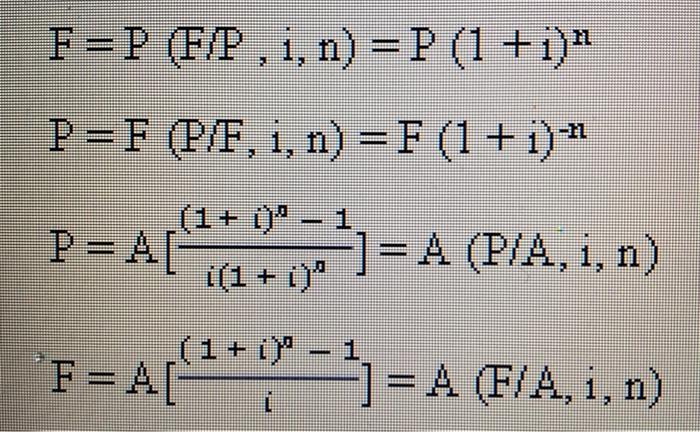 Solved F=P(F/P,i,n)=P(1+i)nP=F(P/F,i,n)=F(1+i)−nP=A[i(1+i)n( | Chegg.com