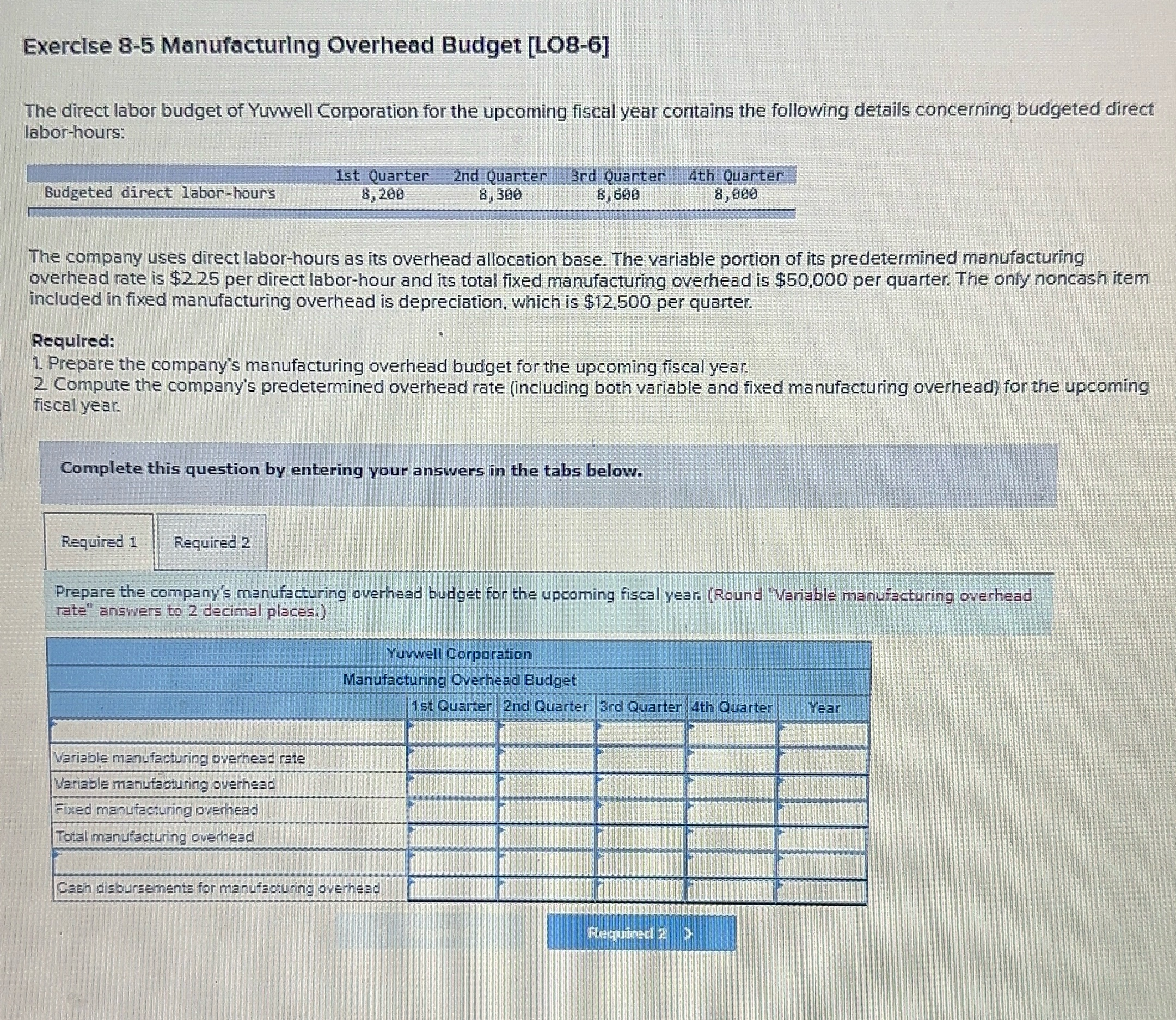 Solved Exerclse 8-5 ﻿Manufacturing Overhead Budget | Chegg.com
