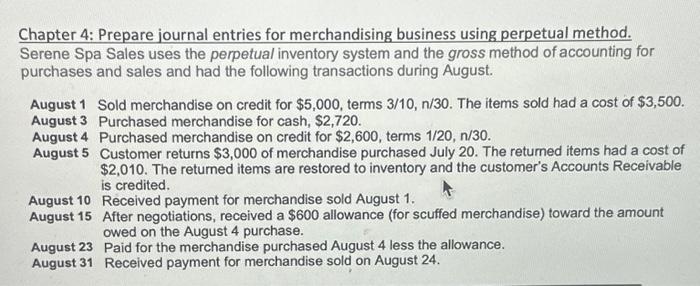Solved Chapter 4: Prepare journal entries for merchandising | Chegg.com