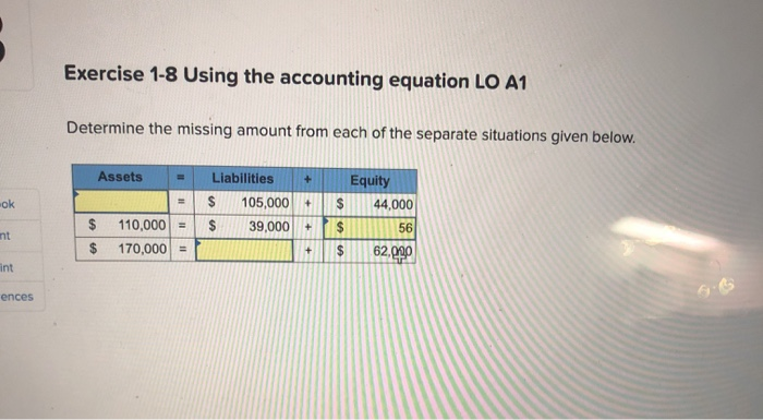 Solved Exercise 1-8 Using the accounting equation LO A1 | Chegg.com Solved Exercise 1-8 Using the accounting equation LO A1 | Chegg.com