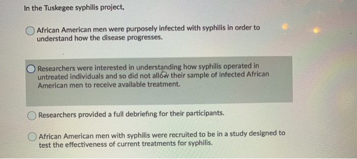 Solved In the Tuskegee syphilis project, African American | Chegg.com
