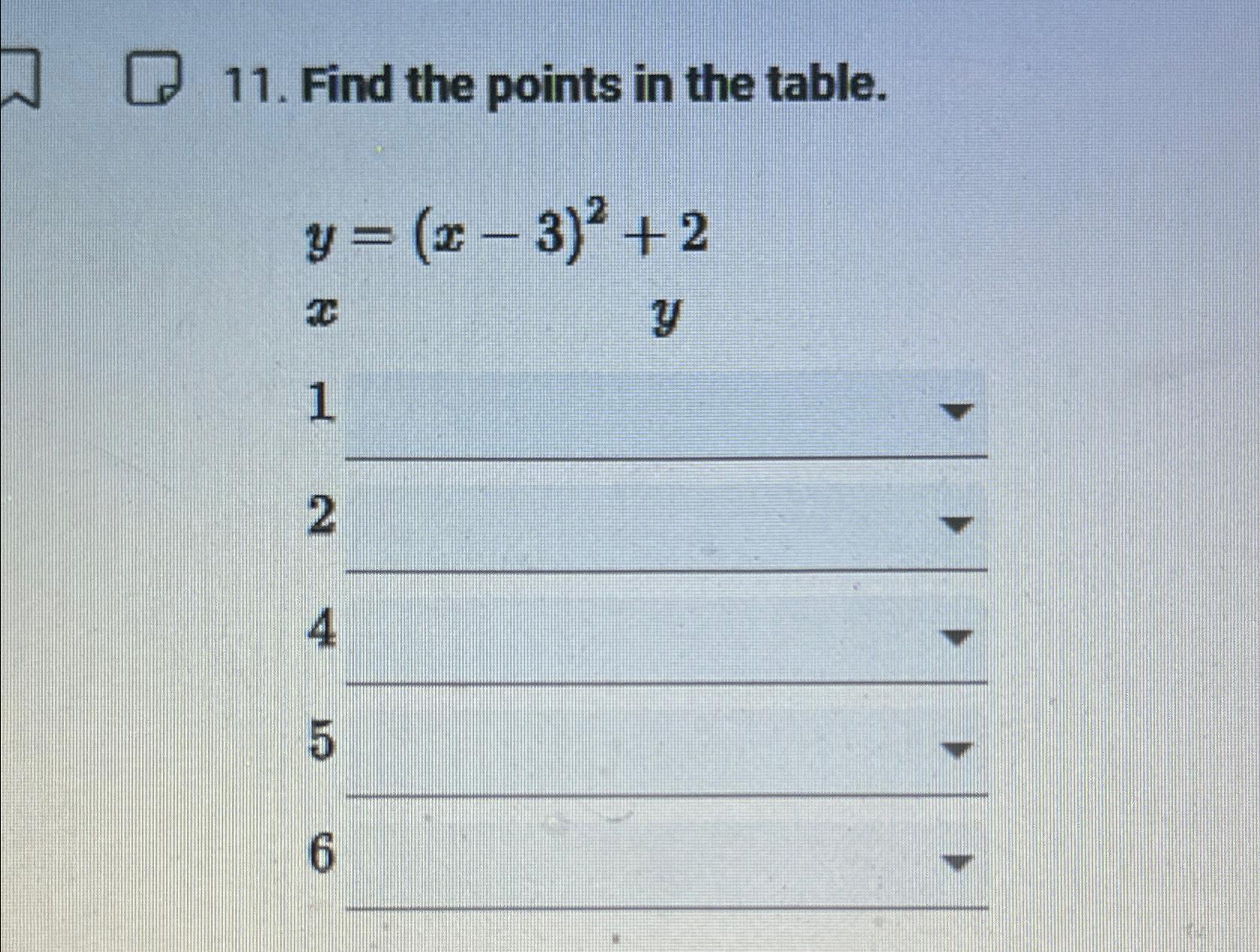 Solved Find the points in the table.\table[[y=(x-3)2+2 | Chegg.com