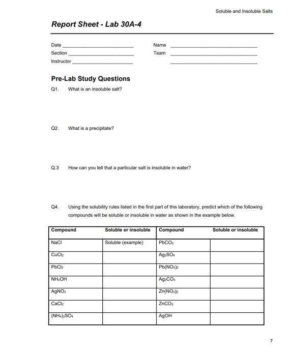 Solved Soluble and Insoluble Salts Report Sheet - Lab 30A-4 | Chegg.com