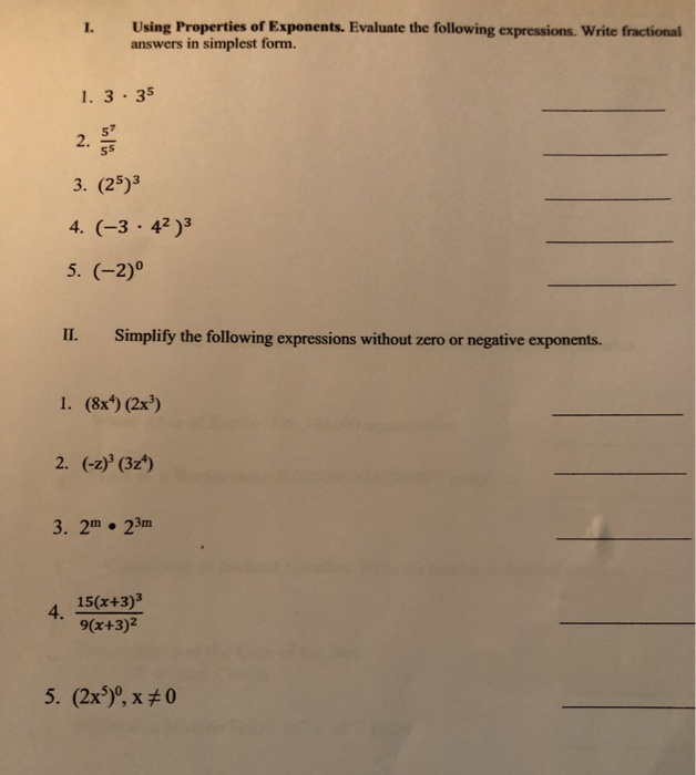 Solved I. Using Properties of Exponents. Evaluate the | Chegg.com
