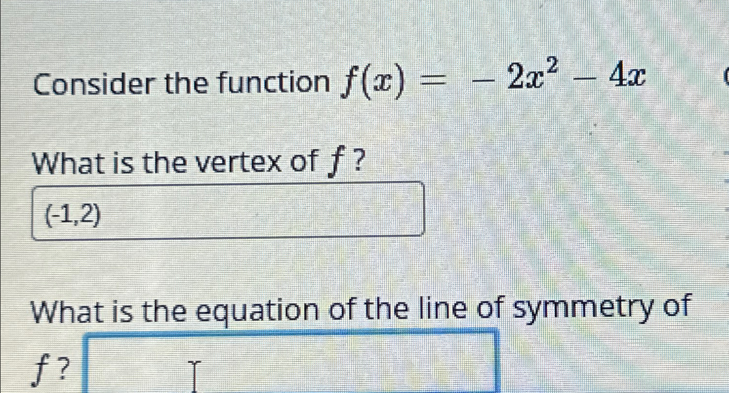 Solved Consider the function f(x)=-2x2-4xWhat is the vertex | Chegg.com