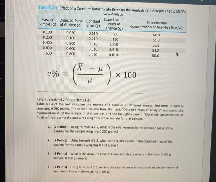 Solved Table 4.2.4: Effect of a Constant Determinate Error | Chegg.com