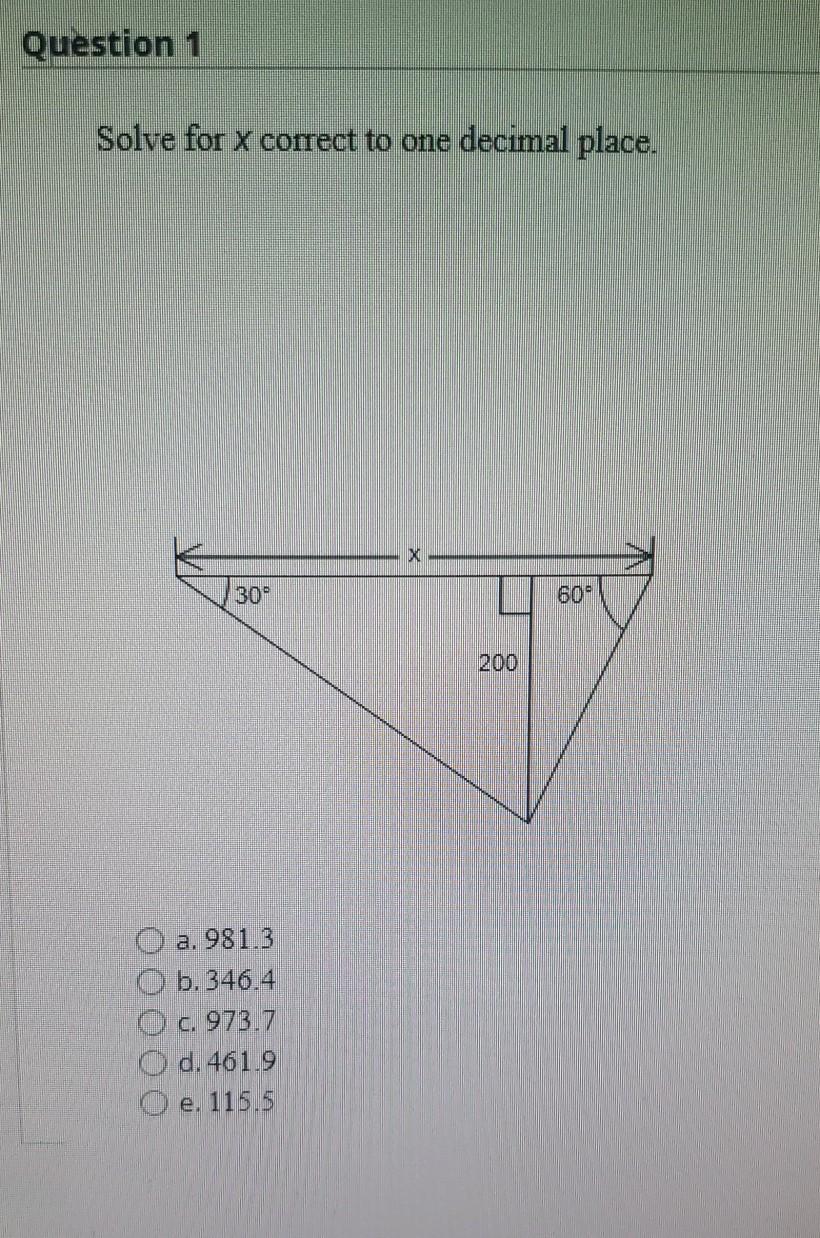 Solved Question 1 Solve for X correct to one decimal place. | Chegg.com