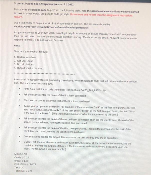 Solved Groceries Pseudo Code Assignment (revised 2.1.2022) | Chegg.com