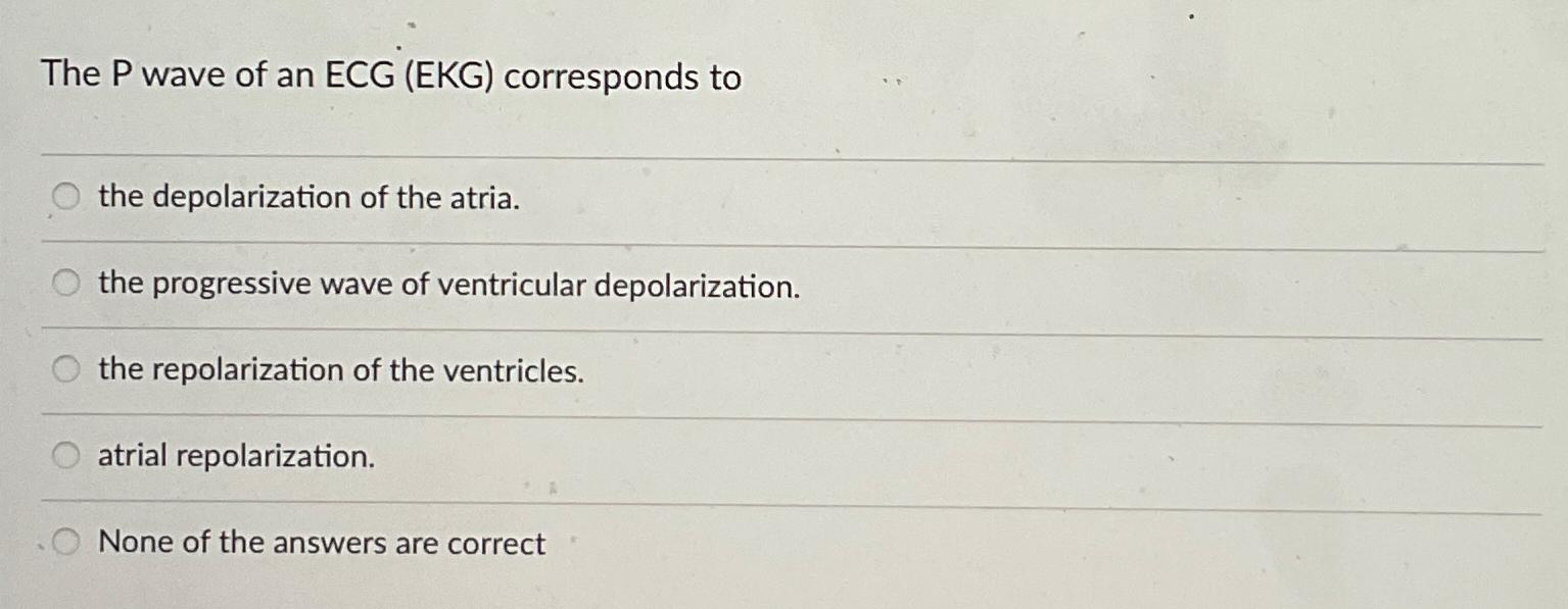 Solved The P wave of an ECG (EKG) ﻿corresponds tothe | Chegg.com