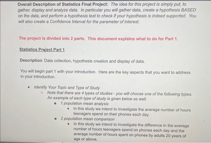 Solved Overall Description of Statistics Final Project: The | Chegg.com