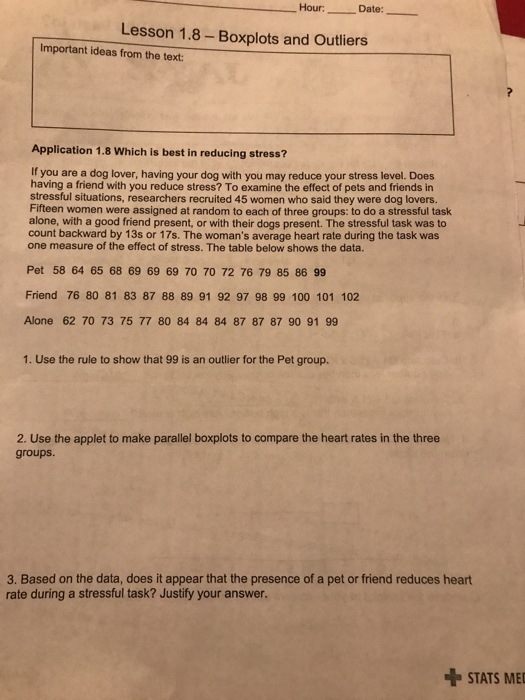 Solved Hour: Date: Lesson 1.8 - Boxplots and Outliers | Chegg.com