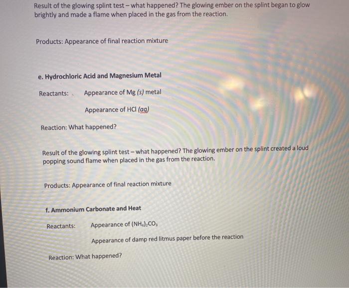 Solved Result of the glowing splint test - what happened? | Chegg.com