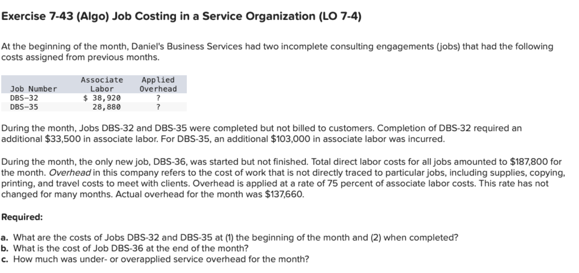 Solved Exercise 7-43 (Algo) ﻿Job Costing in a Service | Chegg.com