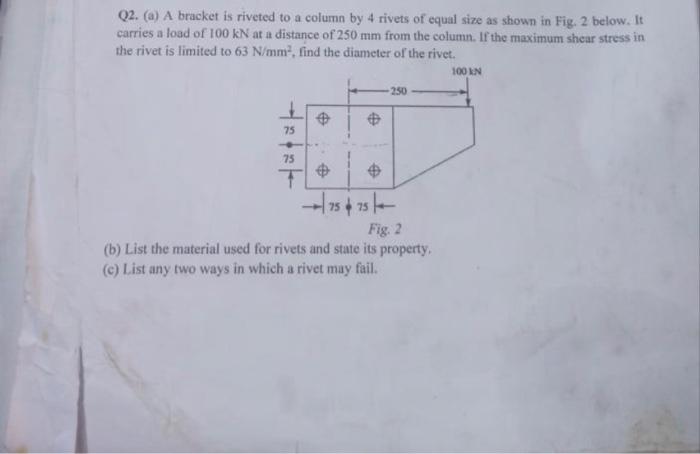 Solved Q2. (a) A bracket is riveted to a column by 4 rivets | Chegg.com