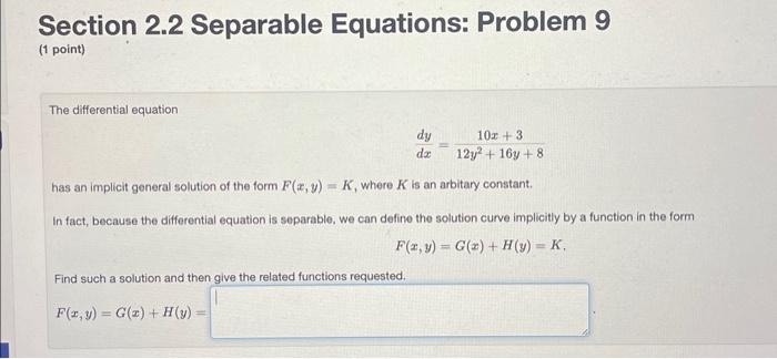 Solved Section 2 2 Separable Equations Problem 9 1 Point